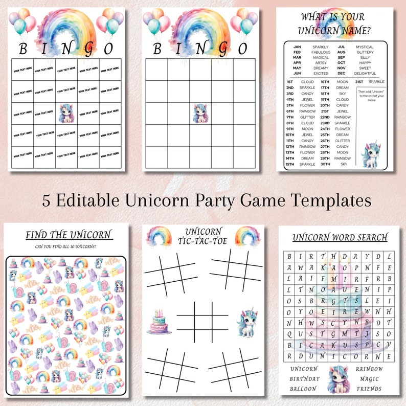 Unicorn Themed Birthday Party Game Templates, INSTANT DOWNLOAD, 5 ...