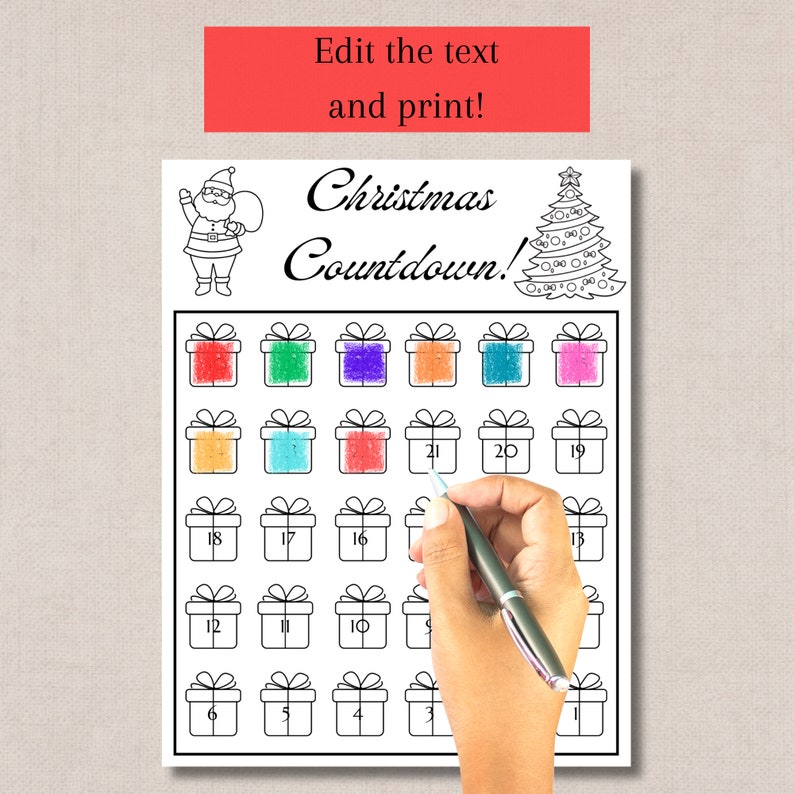 Christmas Countdown Template, INSTANT DOWNLOAD, Editable 30 Day Color ...