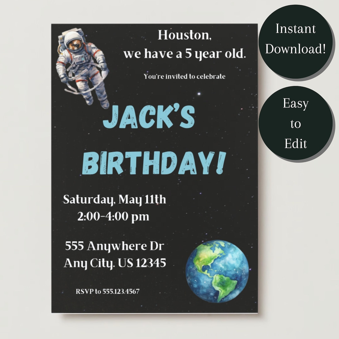 Space Theme Birthday Invitation Template, INSTANT DOWNLOAD, Editable ...