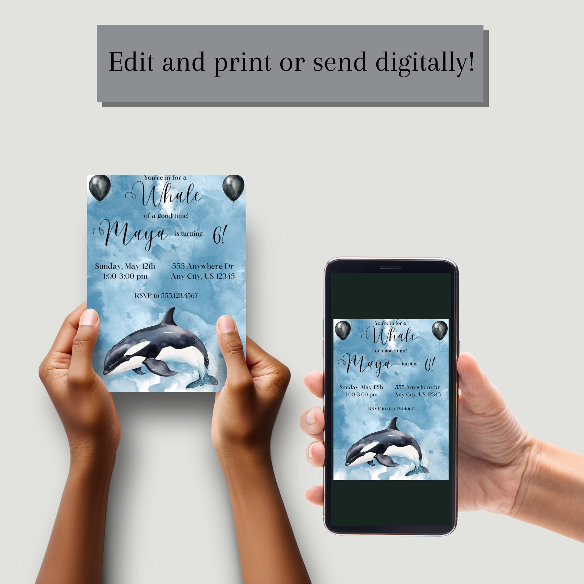 Whale Birthday Invitation, INSTANT DOWNLOAD, Editable Orca Party Invite ...