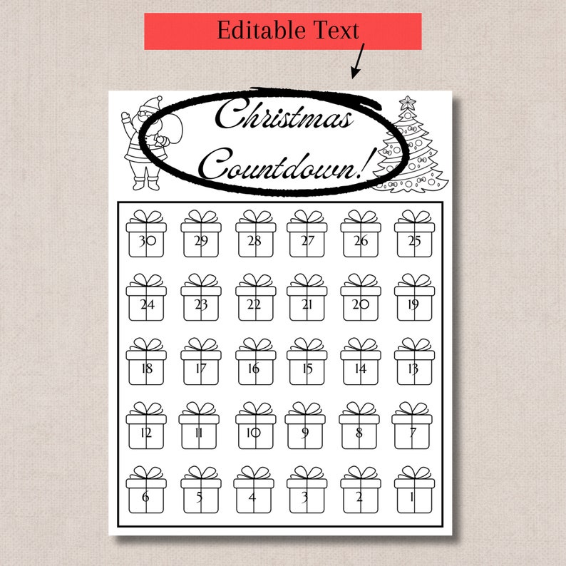 Christmas Countdown Template, INSTANT DOWNLOAD, Editable 30 Day Color ...