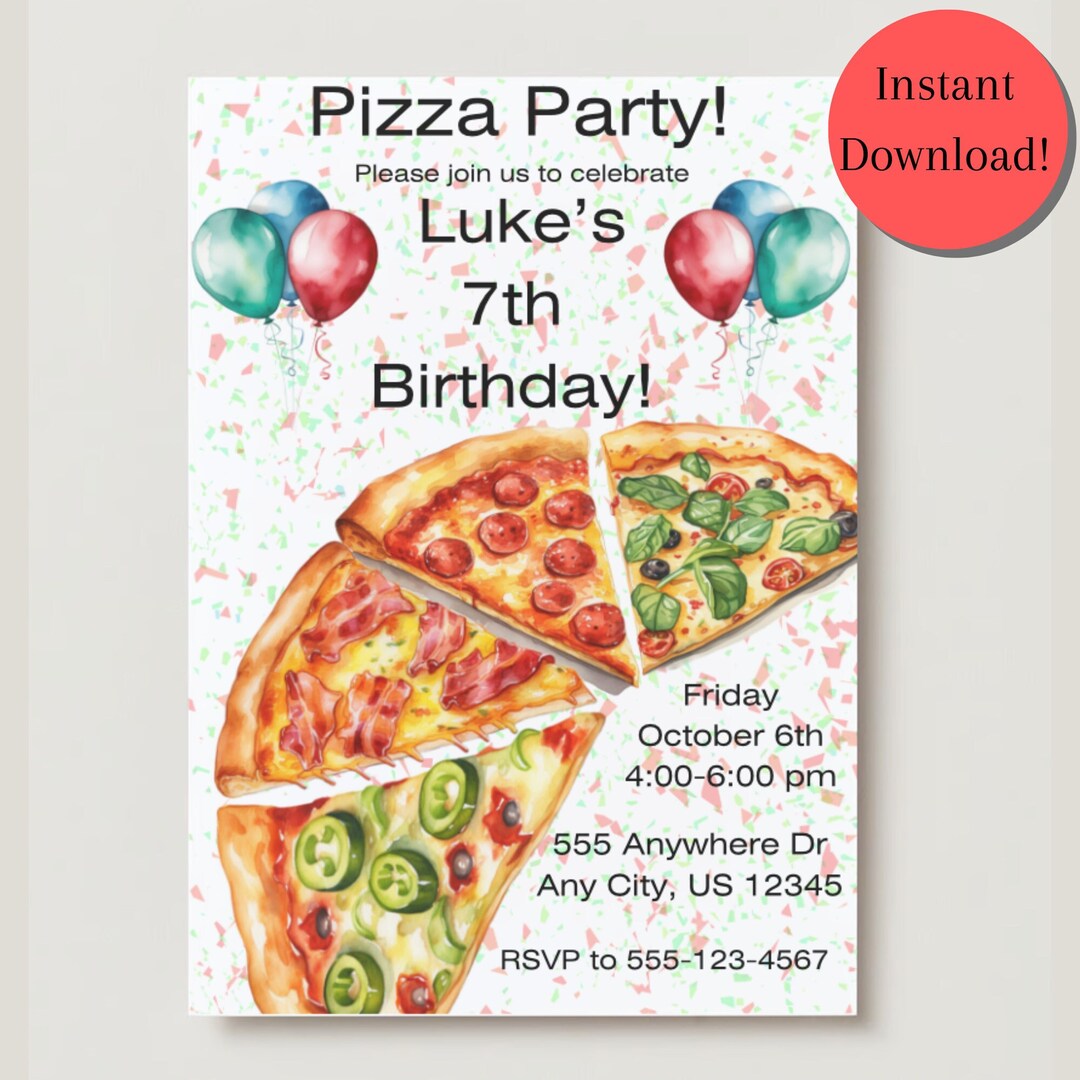 Pizza Party Themed Invitation Template, INSTANT DOWNLOAD, Editable ...