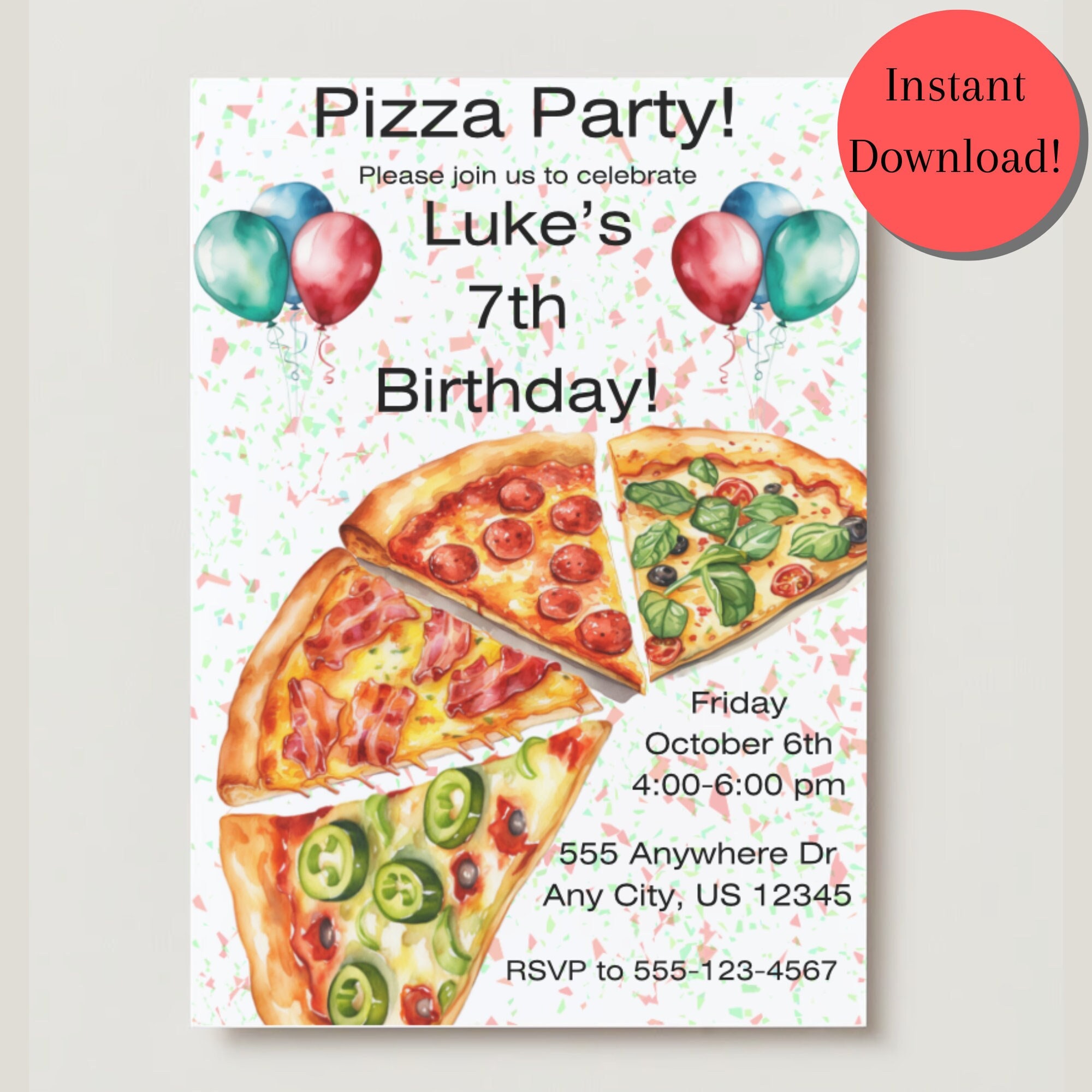 Pizza Party Themed Invitation Template, INSTANT DOWNLOAD, Editable ...