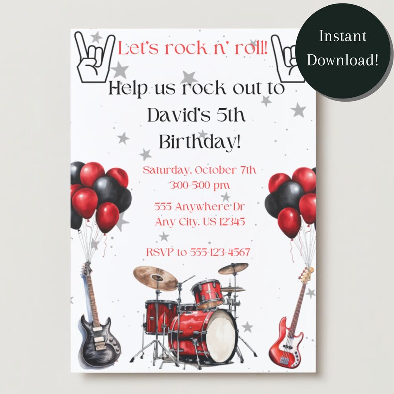 Rock N' Roll Birthday Party Invitation Template, INSTANT DOWNLOAD ...