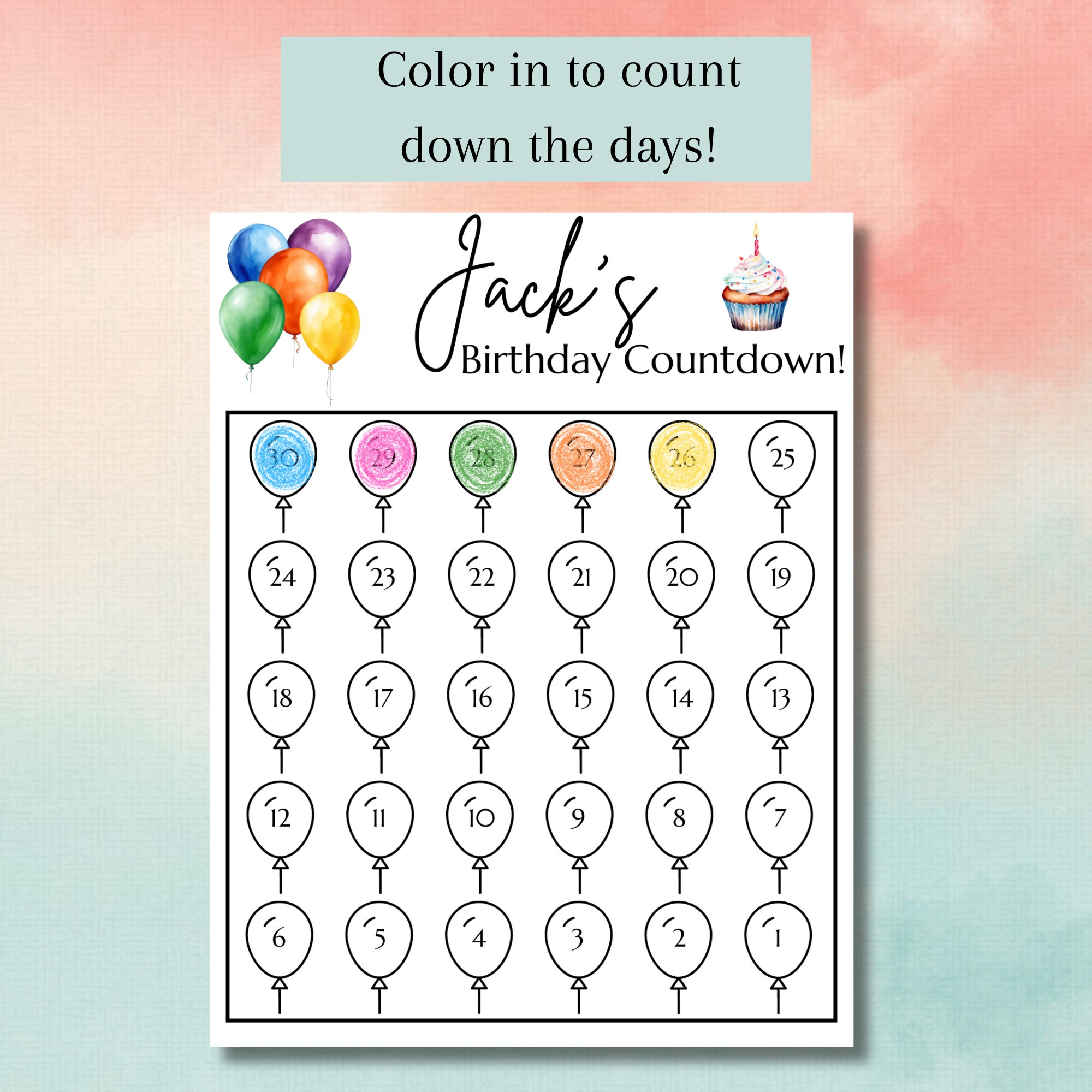 Birthday Countdown Template, INSTANT DOWNLOAD, Editable, Printable, 30 ...