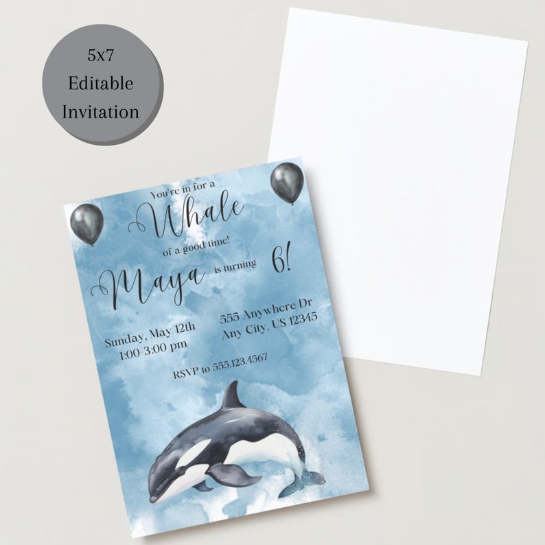 Whale Birthday Invitation, INSTANT DOWNLOAD, Editable Orca Party Invite ...