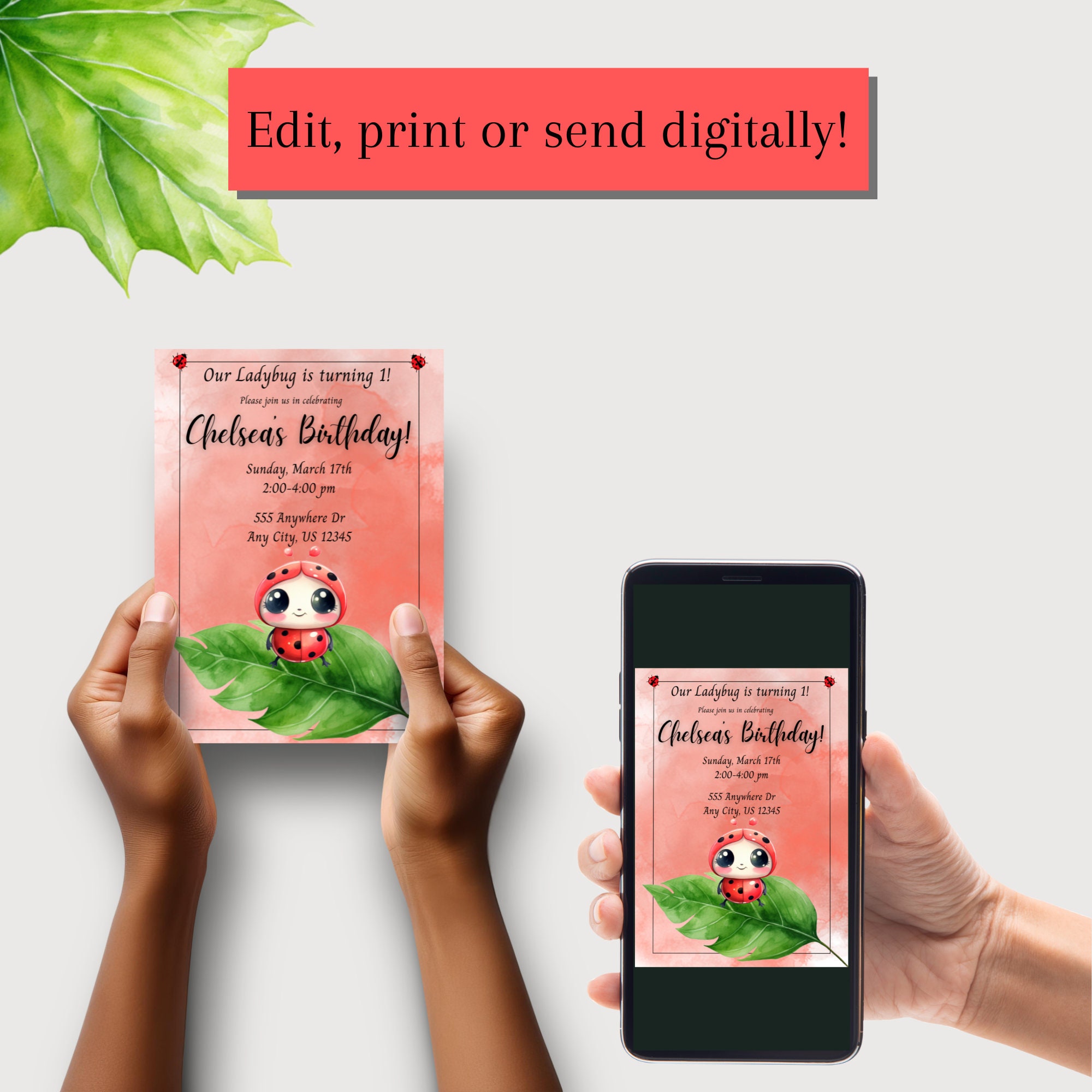 Ladybug Theme Birthday Party Invitation Template, INSTANT DOWNLOAD ...