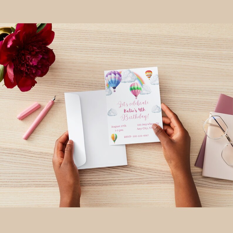 Hot Air Balloon Birthday Invitation Template, INSTANT DOWNLOAD, White ...