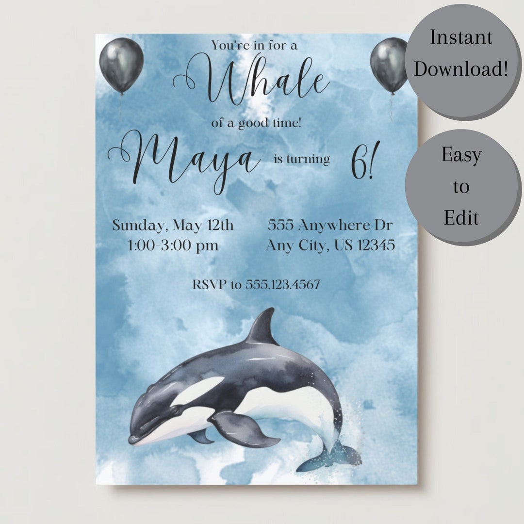Whale Birthday Invitation, INSTANT DOWNLOAD, Editable Orca Party Invite ...