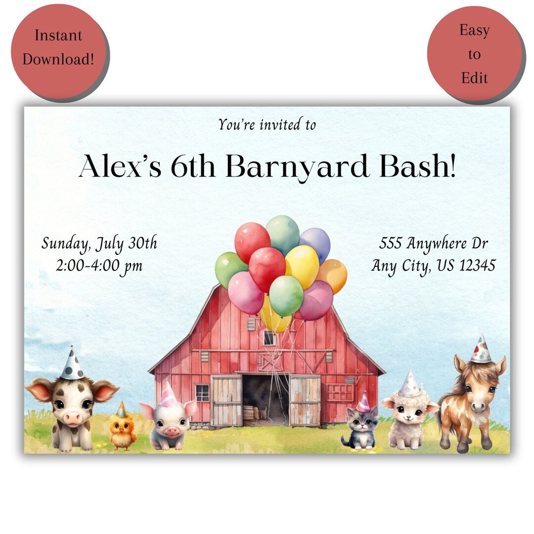Birthday Barnyard Bash Invitation Template, INSTANT DOWNLOAD, Editable ...