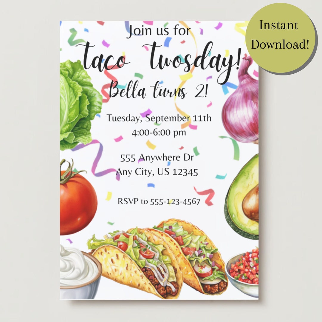 Taco Twosday Birthday Invitation Template, INSTANT DOWNLOAD, Editable ...