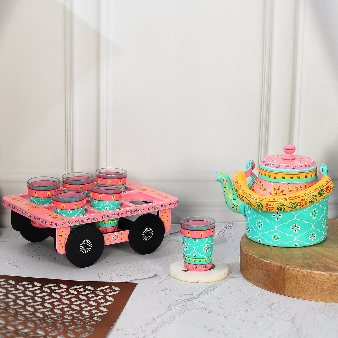 Handcrafted Aluminium Tea Kettle With Wooden Tray and Set of 6 Glass ...