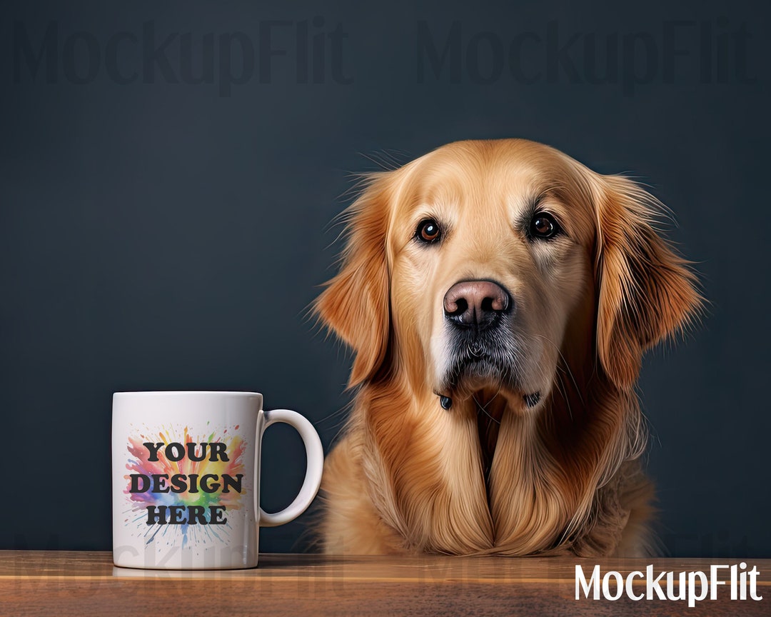 Golden Retriever Dog With Mug Mockup White Coffee Cup Mock up Stock ...