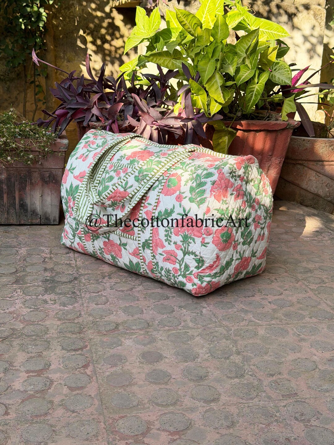 Floral Block Print Cotton Duffle Bag, Handmade Quilted Boho Duffel - Etsy