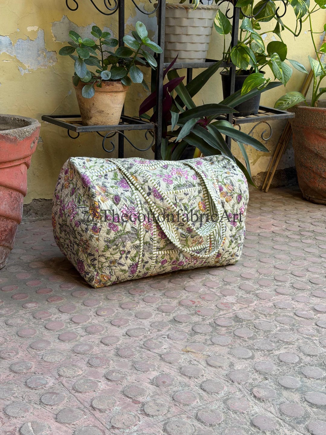 Floral Block Print Cotton Duffle Bag, Handmade Quilted Boho Duffel - Etsy