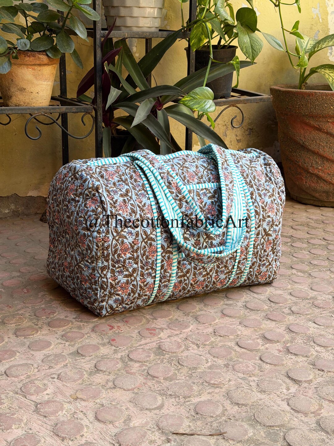 Floral Block Print Cotton Duffle Bag, Handmade Quilted Boho Duffel - Etsy