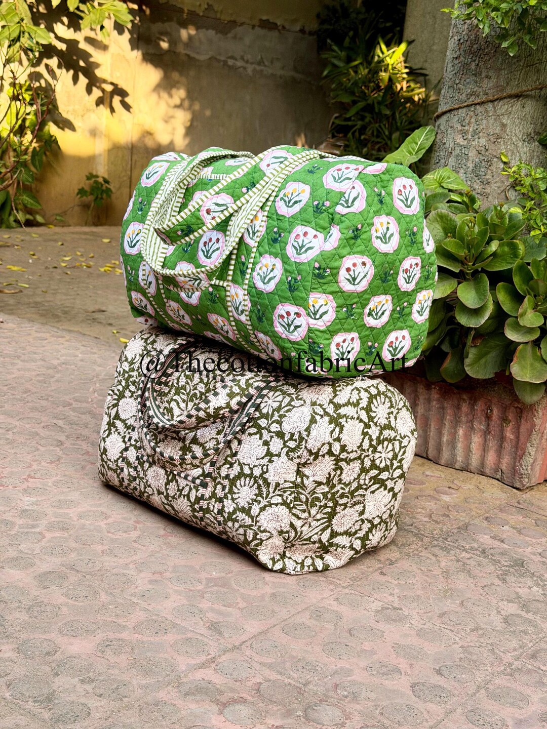 Floral Block Print Quilted Duffle Bag, Handmade Cotton Boho Duffel - Etsy