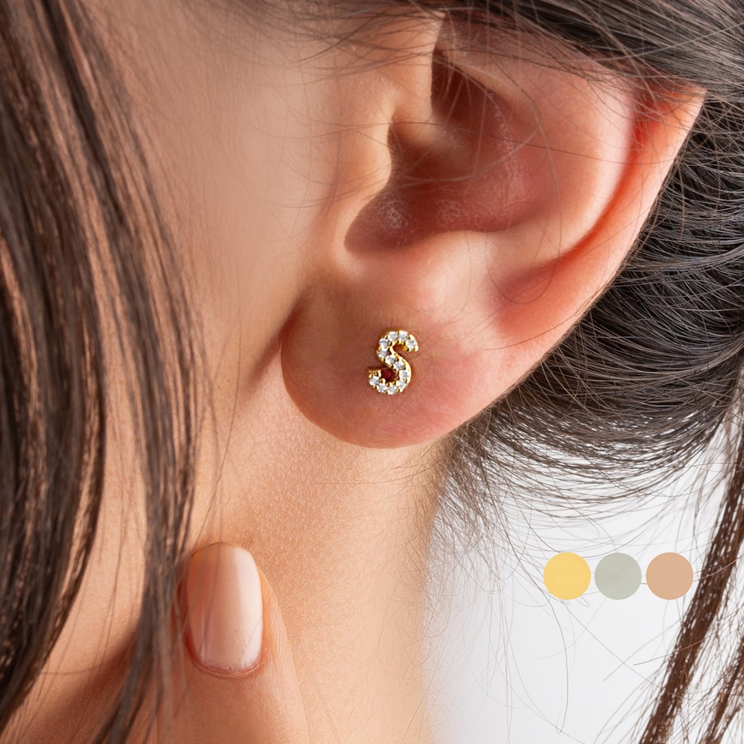 14K Gold Initial Earrings Zircon • Custom Initial Earrings ...