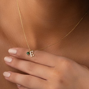 14K Solid Gold Initial Necklace With Birthstone, Custom Initial ...