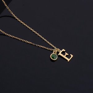 14K Solid Gold Initial Necklace With Birthstone, Custom Initial ...