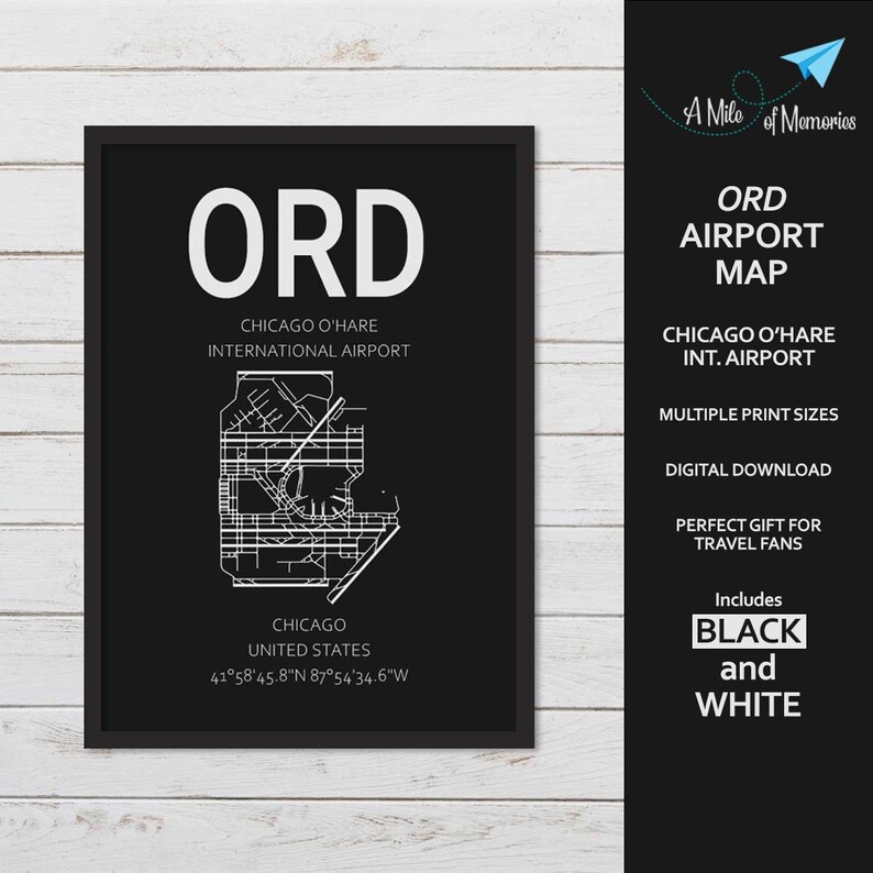 Chicago O'hare Airport (ORD) Map Print: Minimalist Black & White ...