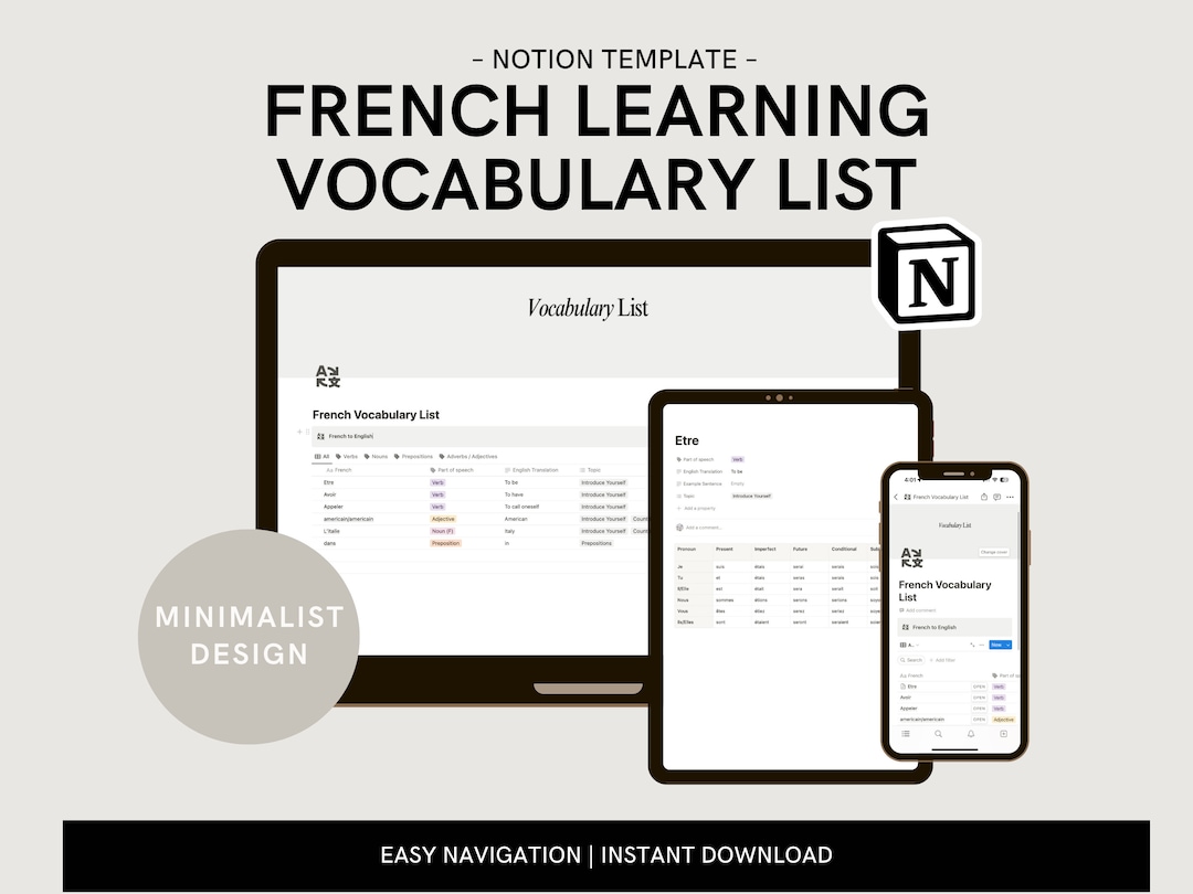 Language Learning Vocabulary List, Notion Template, Digital Notebook ...