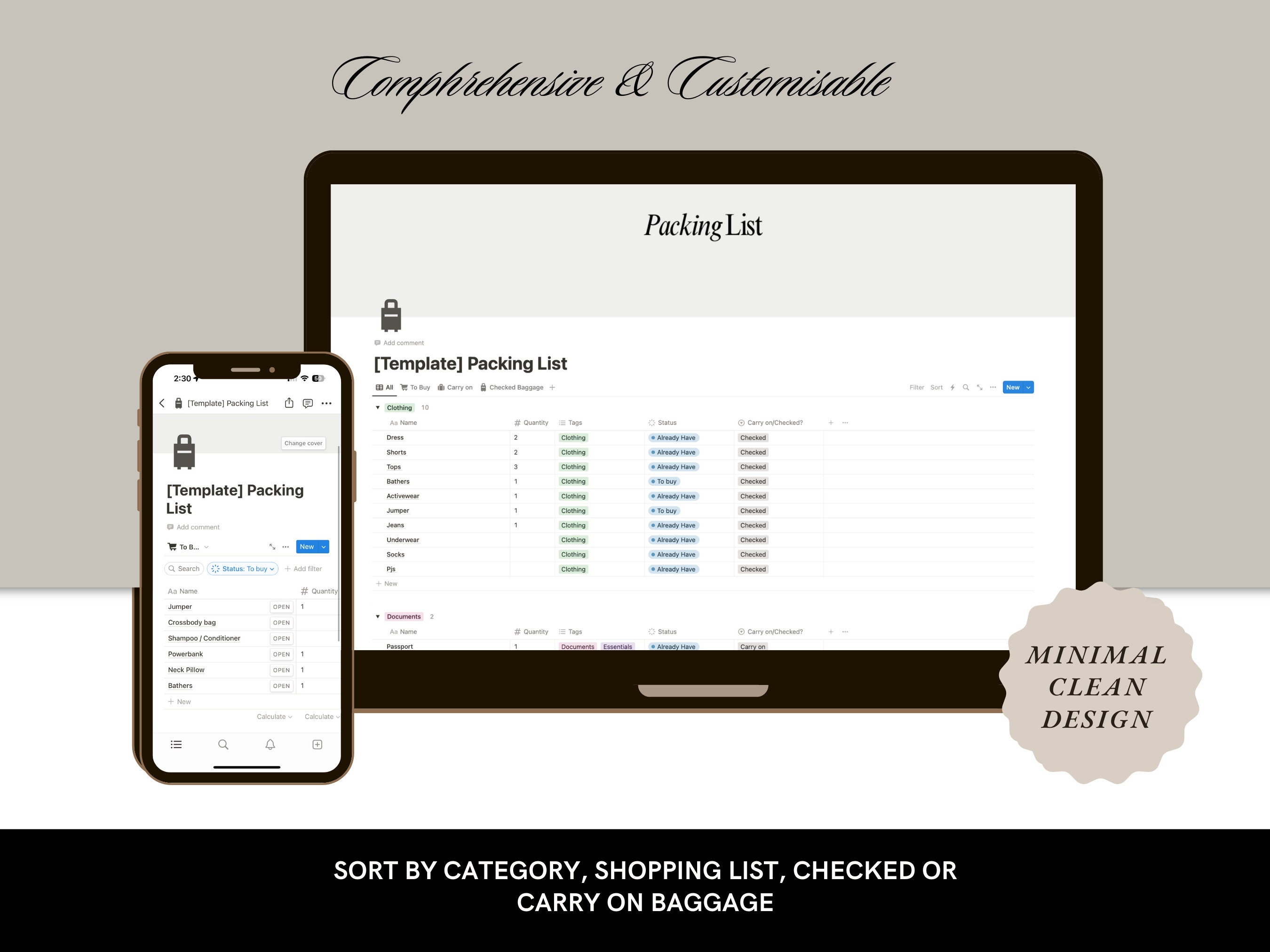 Minimalist Notion Packing List Template | Clean Design | Editable ...