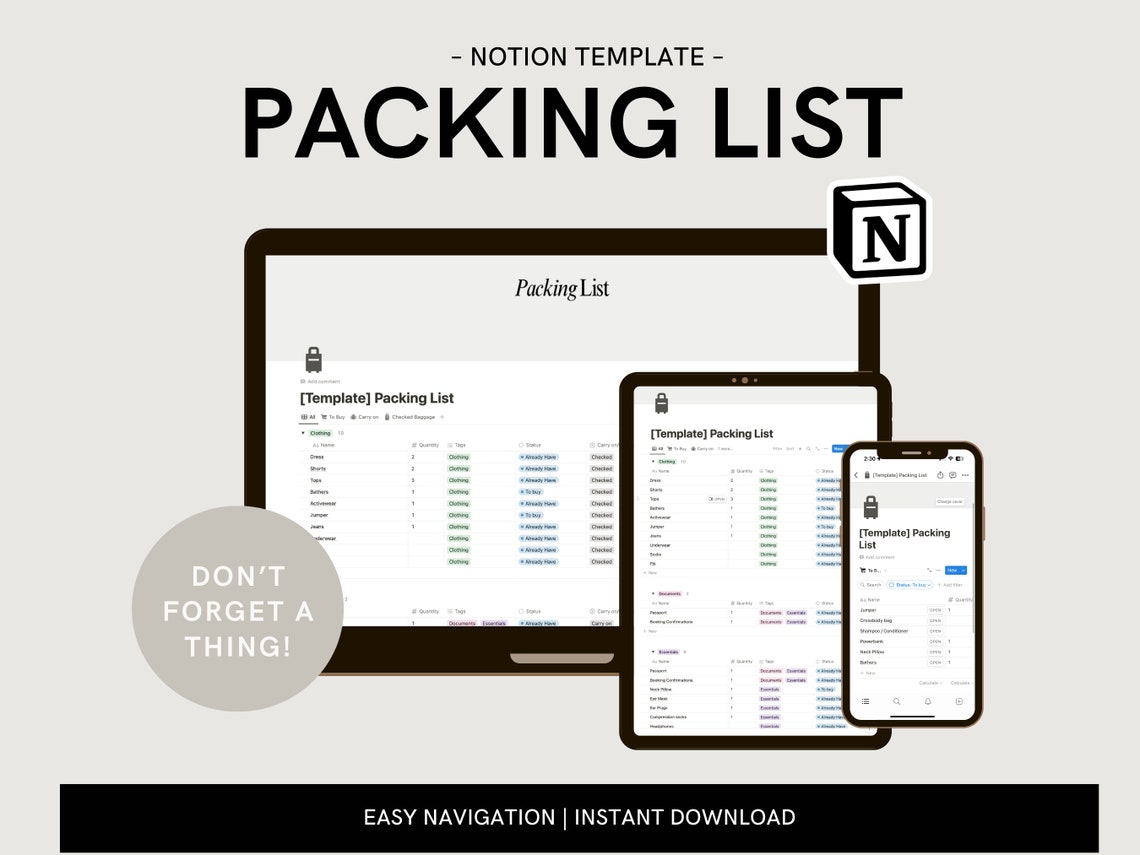 Minimalist Notion Packing List Template Clean Design Editable ...