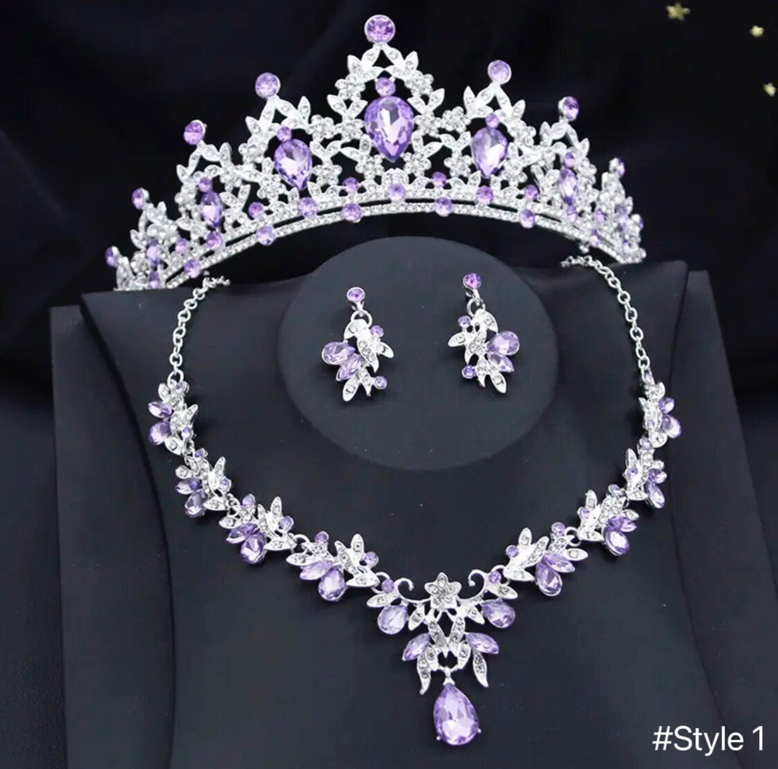 Purple Baroque Bridal Tiara Set, Floral Crystal Crown, Silver Necklace ...