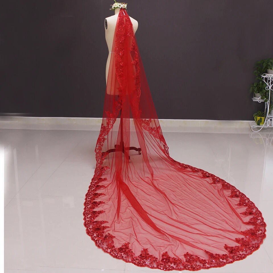 Gorgeous Red Wedding Veil, Long Cathedral Veil With Comb, Floral ...