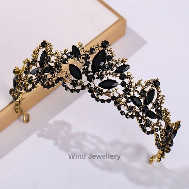 Baroque Black Bridal Tiara Set Gold Wedding Crown Set Bridal Necklace Earrings Set Quinceanera ...