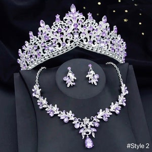 Purple Baroque Bridal Tiara Set, Floral Crystal Crown, Silver Necklace ...
