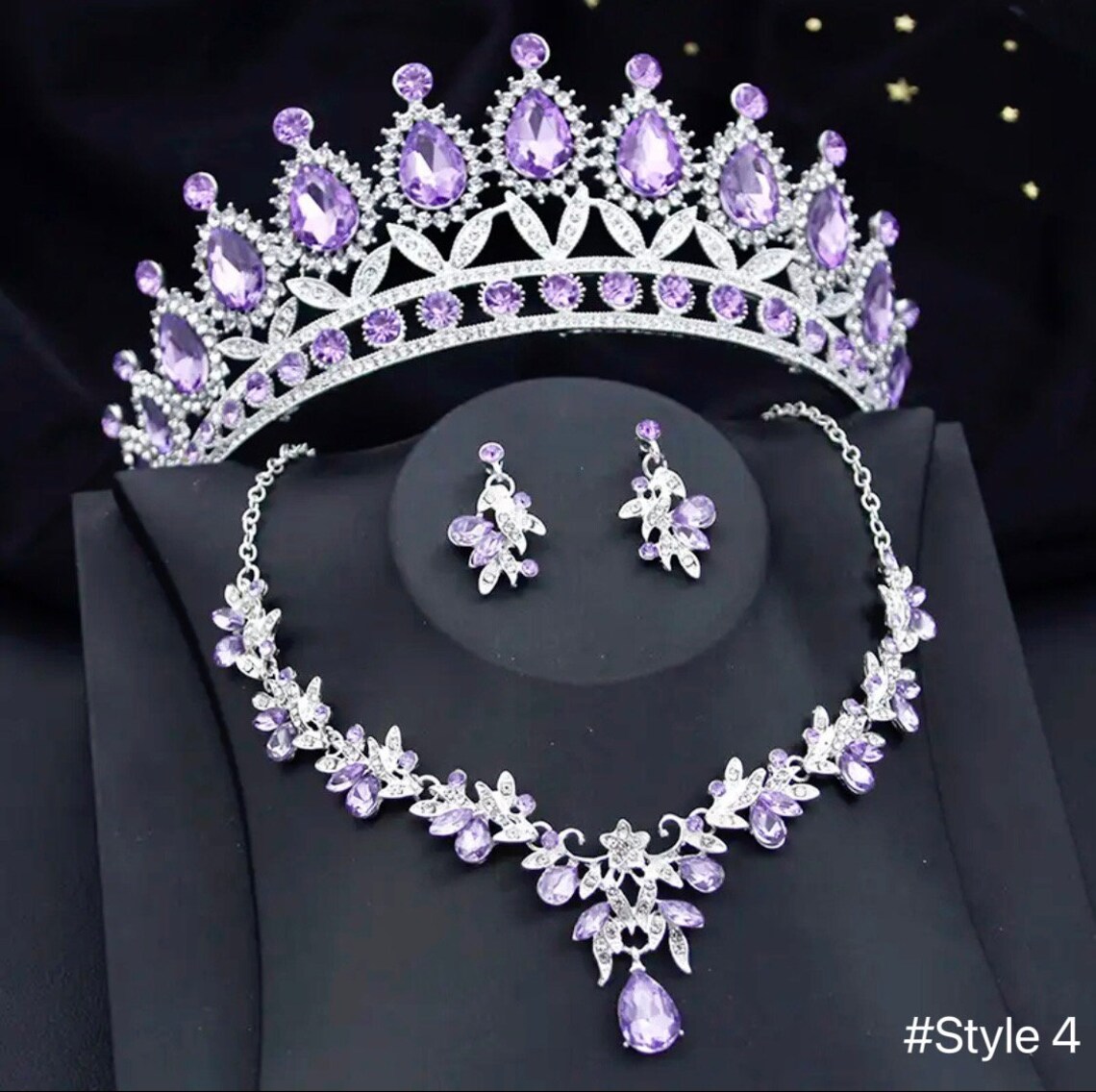 Purple Baroque Bridal Tiara Set, Floral Crystal Crown, Silver Necklace ...