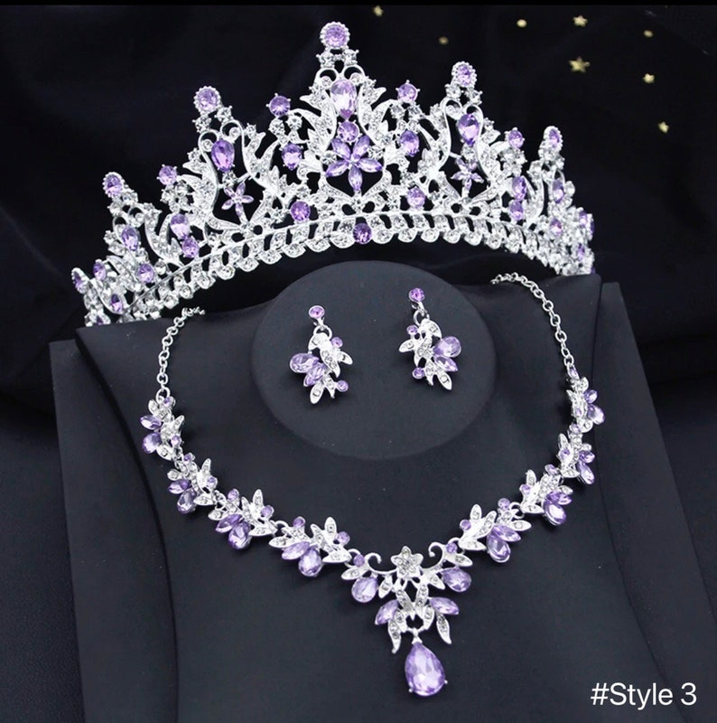 Purple Baroque Bridal Tiara Set, Floral Crystal Crown, Silver Necklace ...