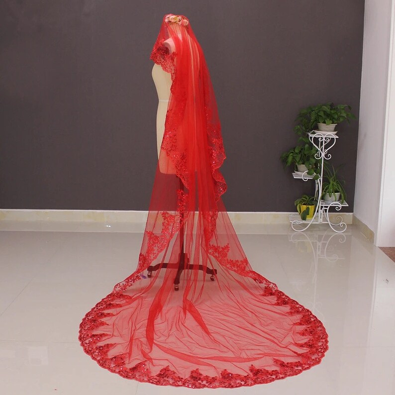 Gorgeous Red Wedding Veil, Long Cathedral Veil With Comb, Floral ...