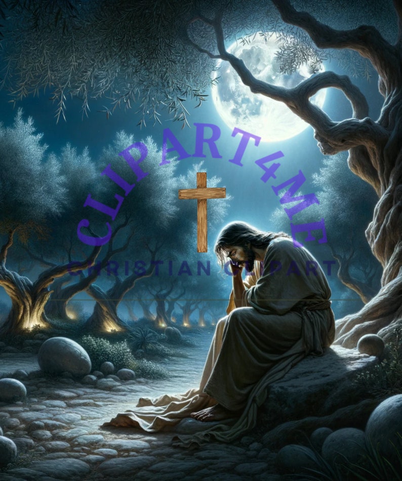 Easter Art - Garden of Gethsemane Night Scene, Spiritual Jesus in ...