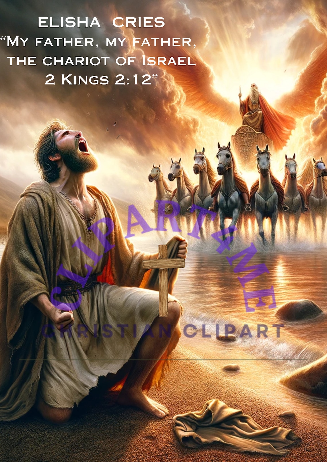 Biblical Art - Prophet Elisha at Jordan River, After Elijah Taken by a ...