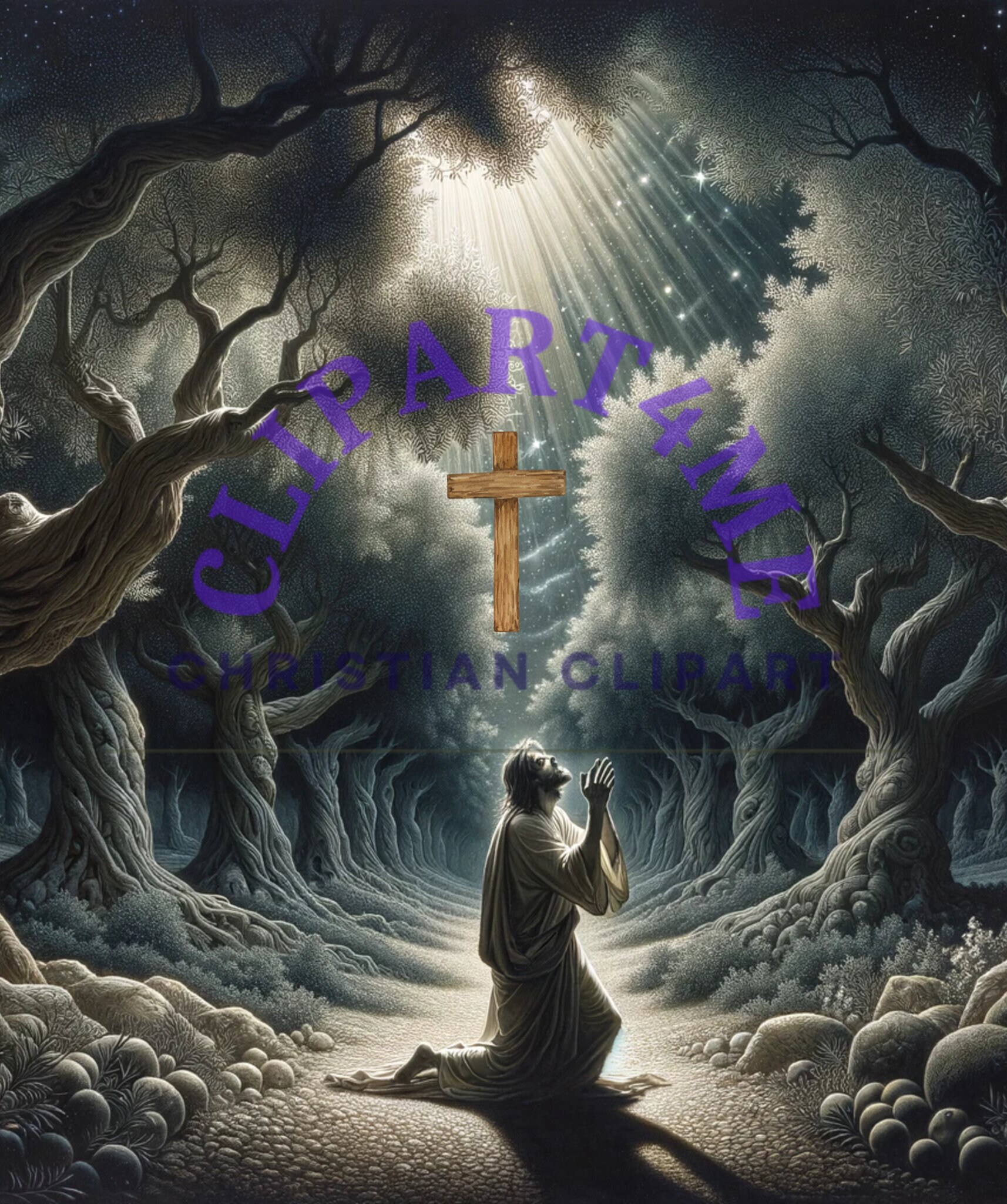 Easter Art - Garden of Gethsemane Night Scene, Spiritual Jesus in ...