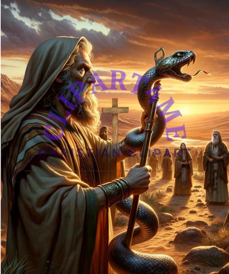 Divine Intervention Art: Moses and Bronze Serpent in Desert Twilight ...
