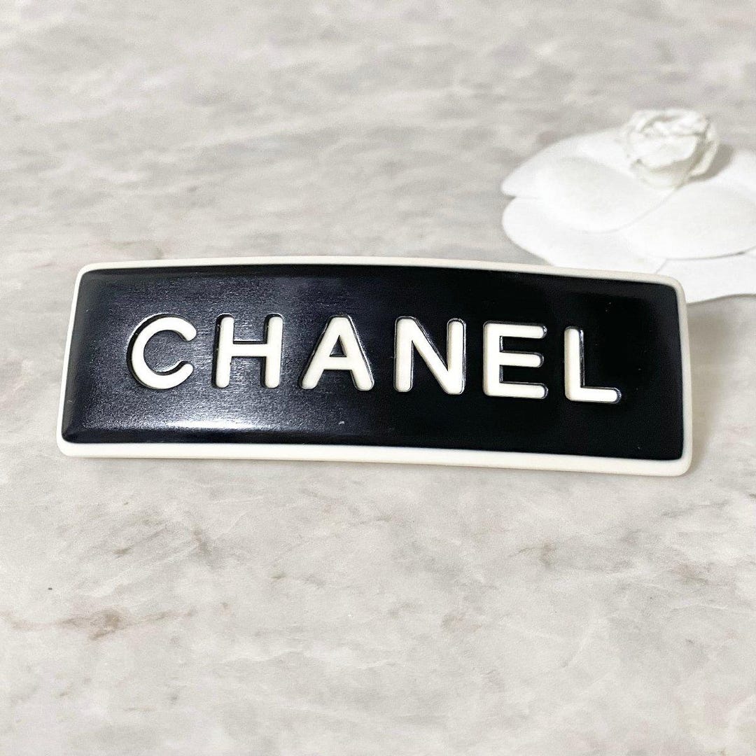 Chanel Barrette Alphabet Logo Black Black White Hair Clip Silver ...