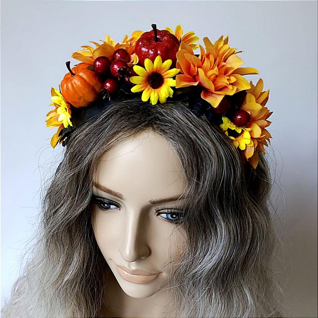 Flower Crown With Sunflowers and Pumpkins, Yellow Orange Red Flower ...