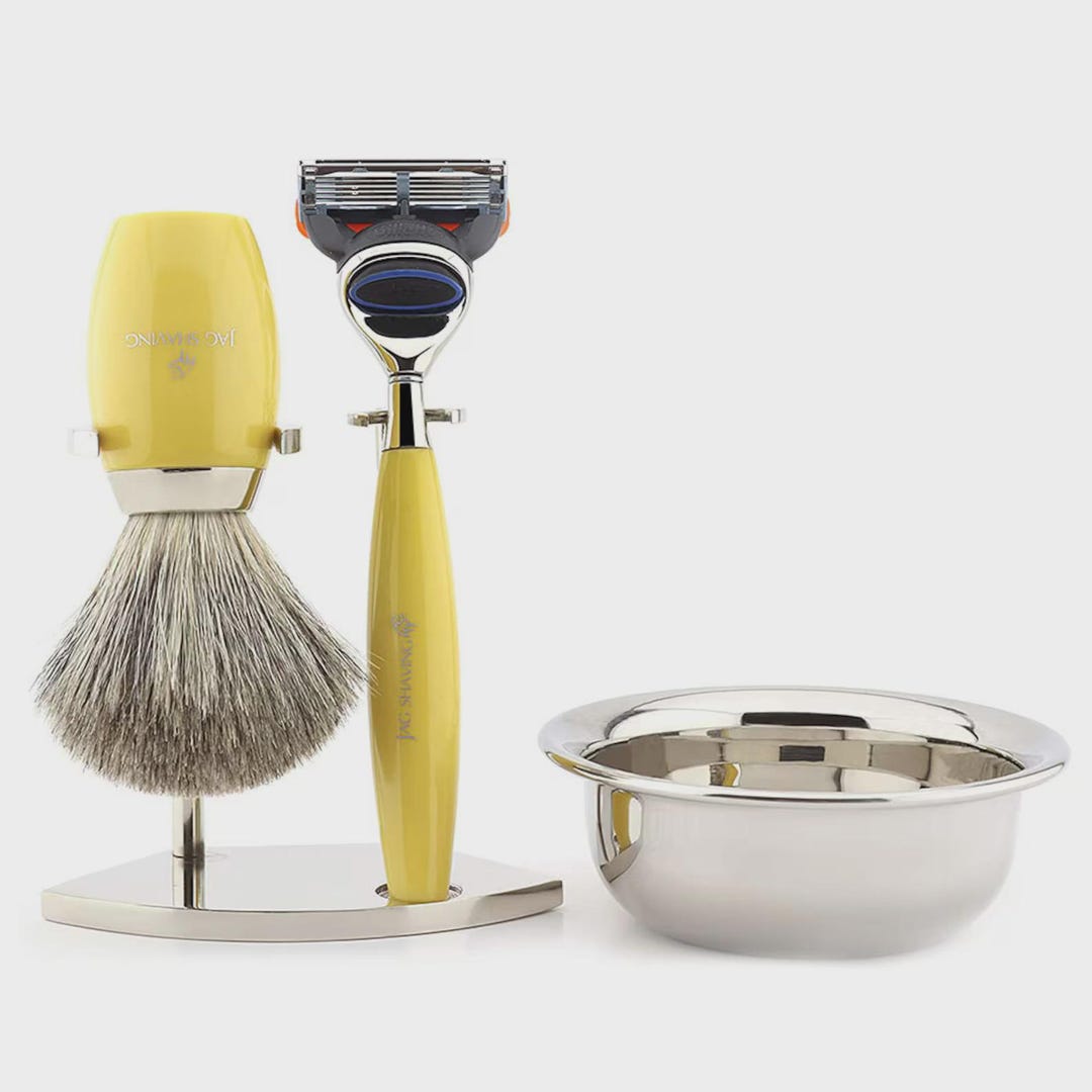 Handmade 4 Piece Men Shaving Set – Yellow Resin Kit – 5 Edge Razor ...