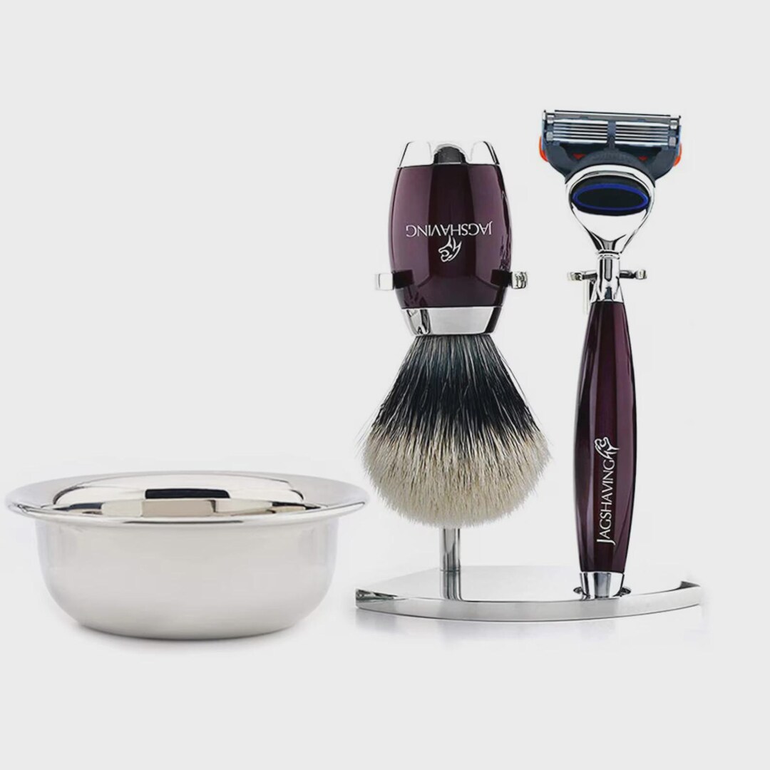 Handmade Luxury 4 Piece Men Shaving Set – 5 Edge Razor Silver Tip Brush ...