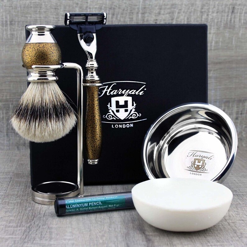 Handmade Gold Men's Shaving Kit | Badger Brush, Razor, Soap & Bowl - Etsy