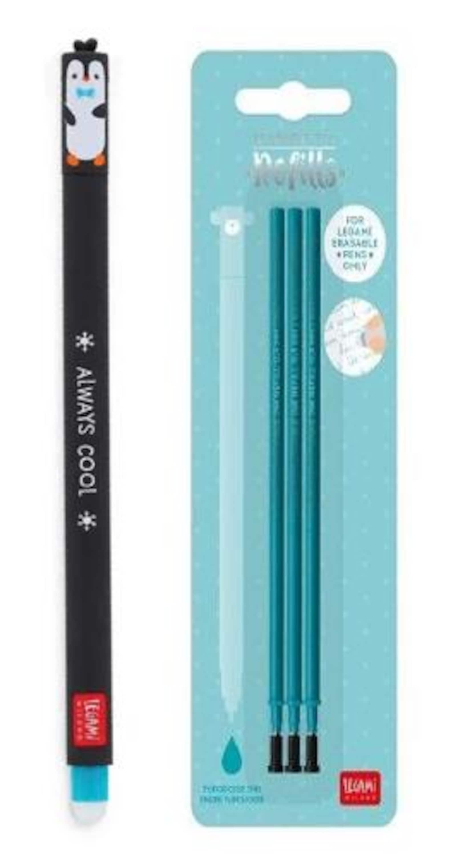 Legami Erasable Gel Pen - Penguin Turquoise Ink + 3 Turquoise Refills ...
