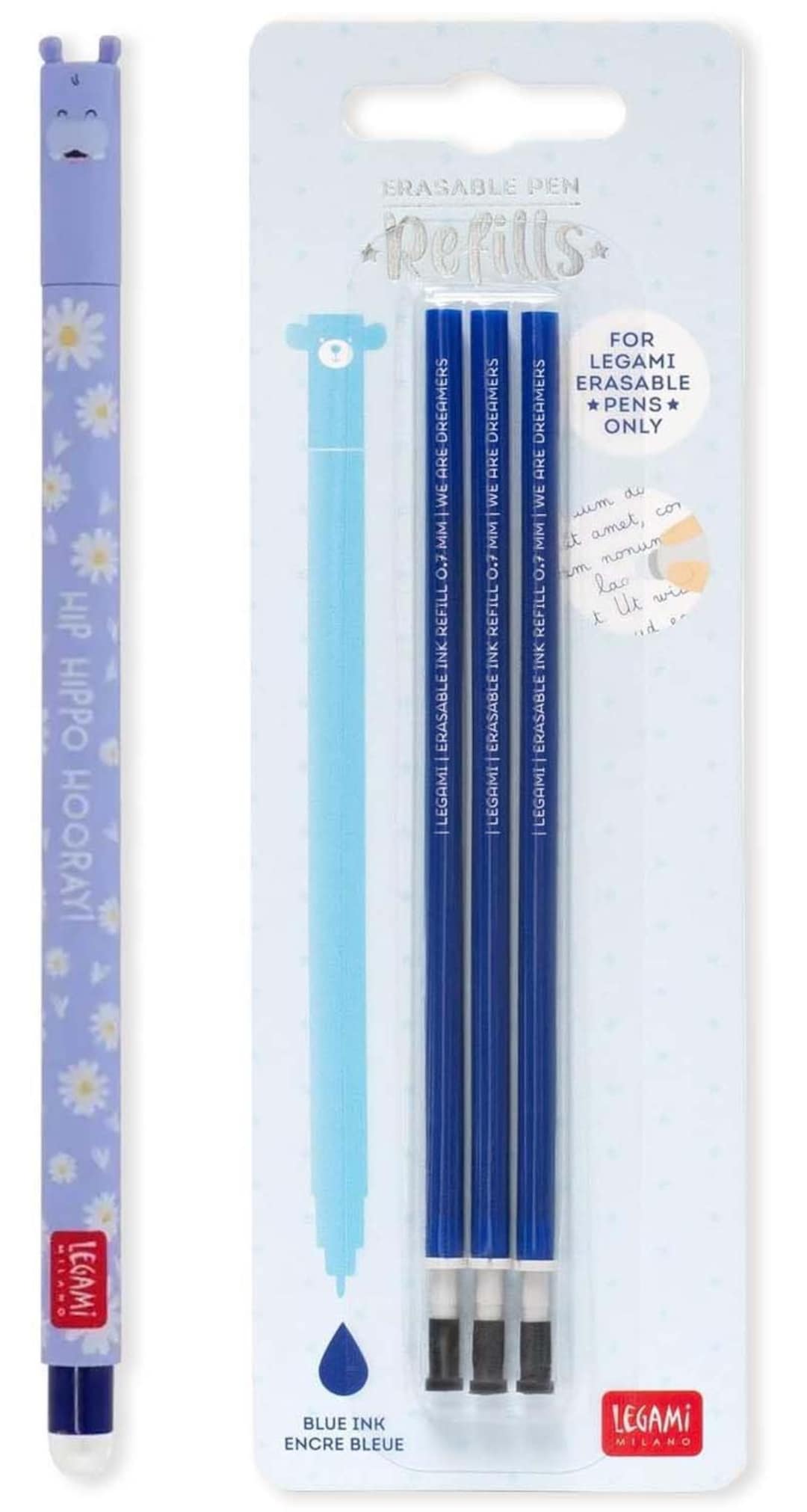 Legami Erasable Gel Pen - Hippo (blue Ink) + 3 Blue Refills 0.7mm Tip ...