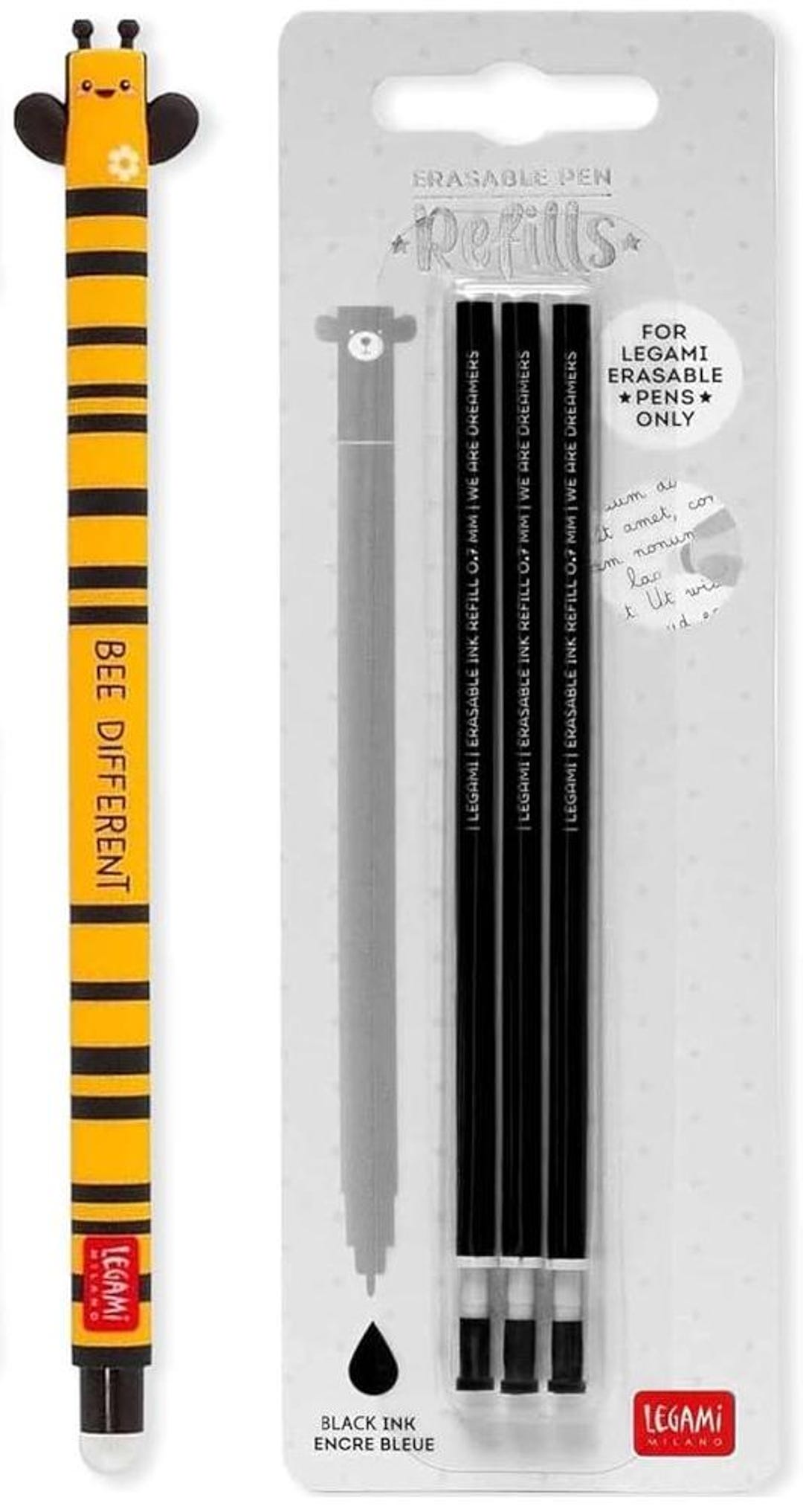 LEGAMI Erasable Gel Pen - Bee (black Ink) + 3 Black Refills 0.7mm Tip ...