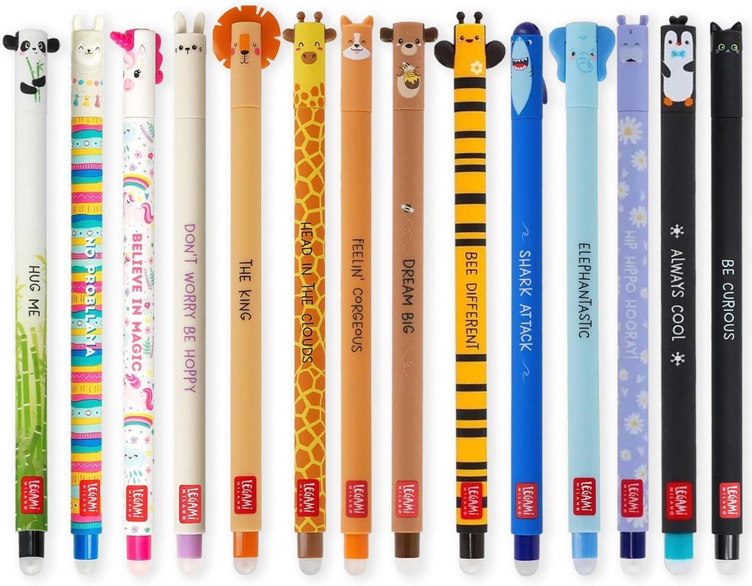 LEGAMI Set of 7 Erasable Gel Pens- Panda, Llama, Unicorn, Bunny, Lion ...