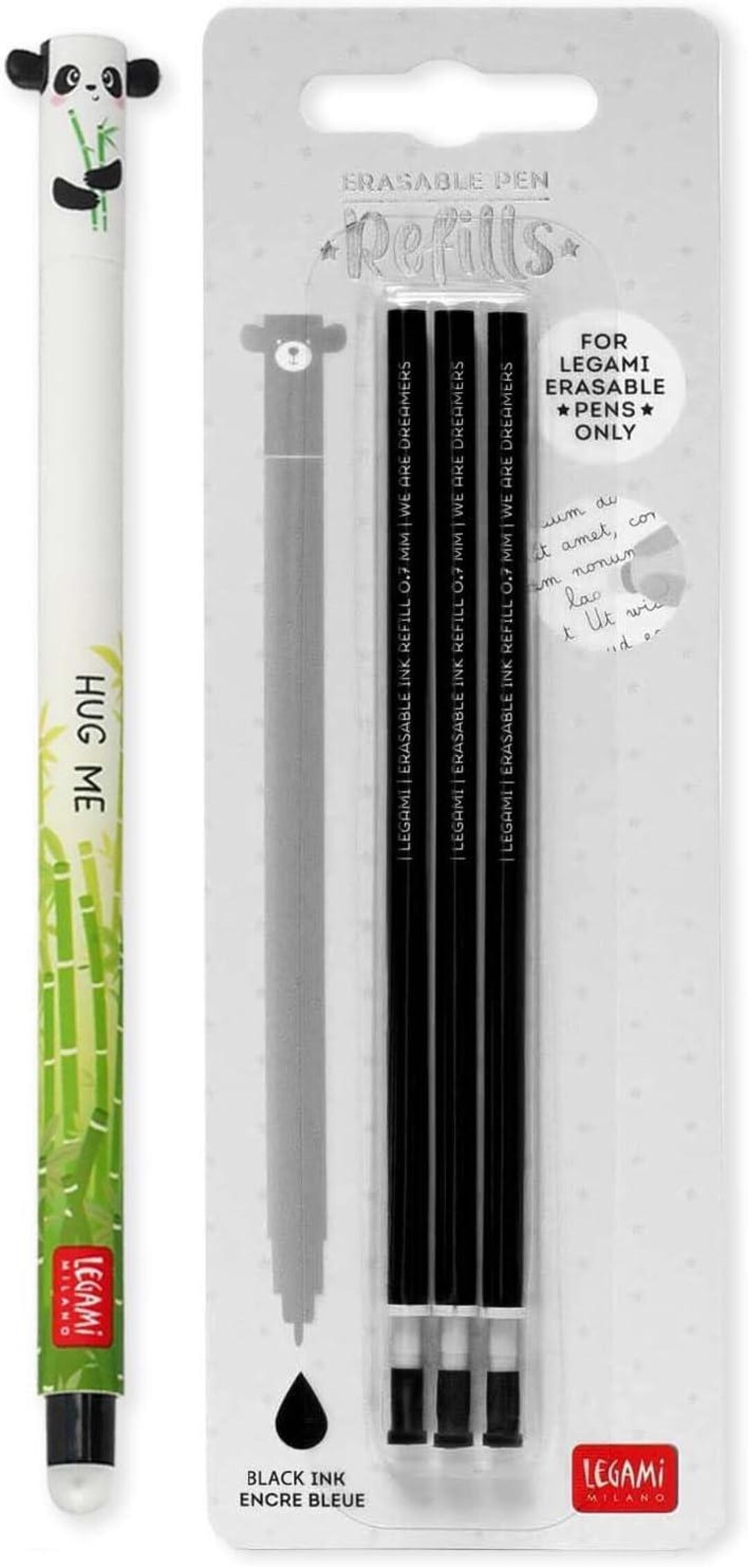 LEGAMI Erasable Gel Pen - Panda (black Ink) + 3 Black Refills 0.7mm Tip ...