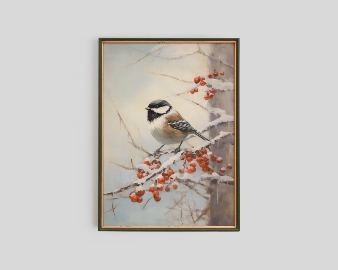 Rustic Winter Chickadee Wall Art, Printable Winter Bird Painting ...